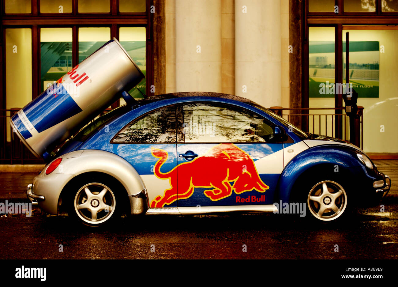 Volkswagon Beetle advertising RED BULL drink Stock Photo - Alamy