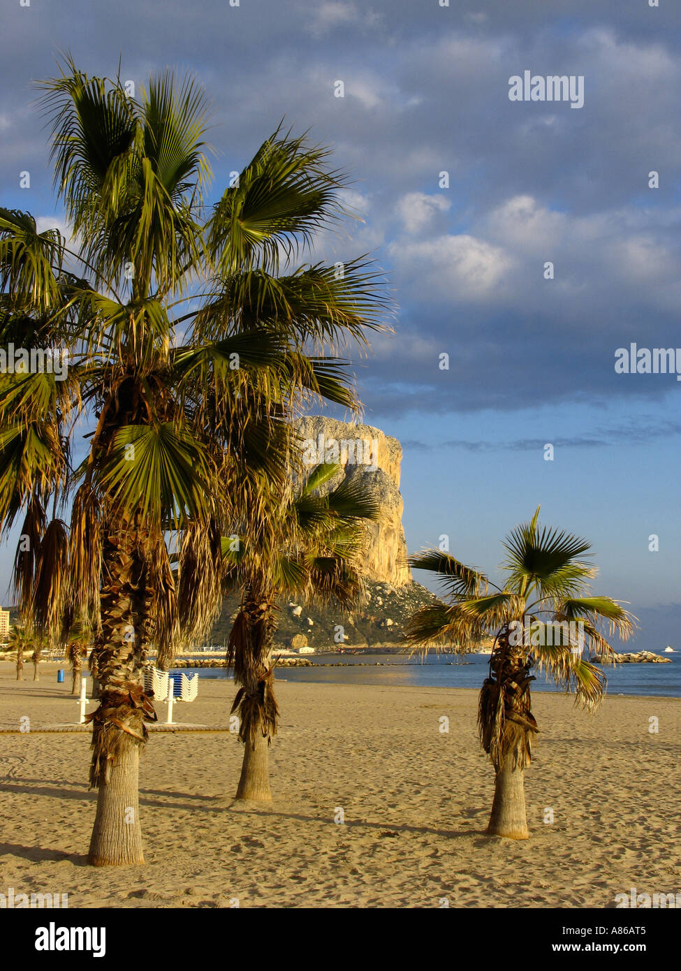 View at the beach of Calpe and the welknown rock Penon de Ilfach at the ...