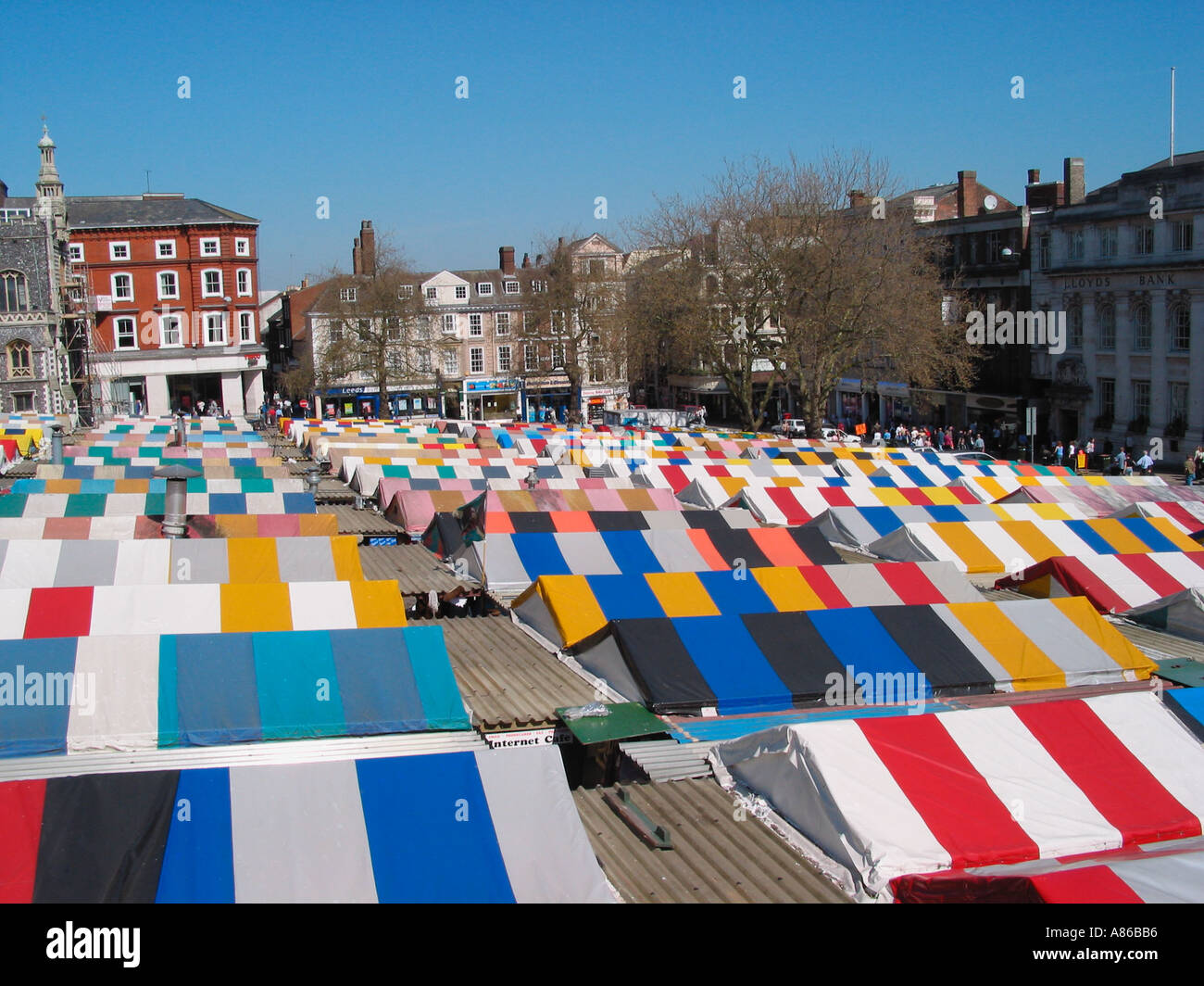 Overlooking the colourful market stall rooftops covering Norwich Market ...