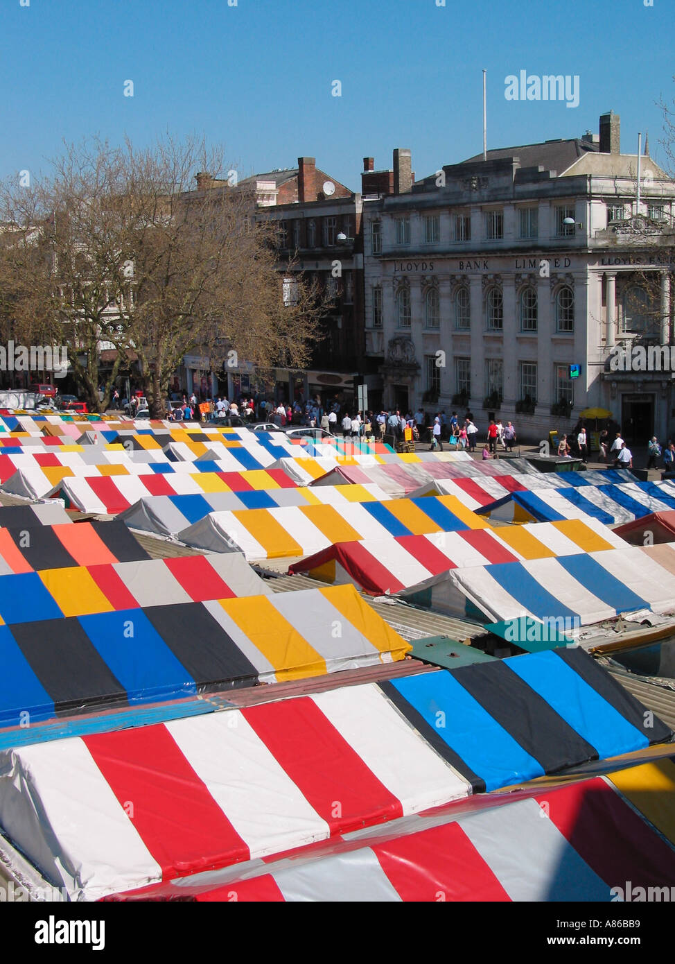 Overlooking the colourful market stall rooftops covering Norwich Market ...