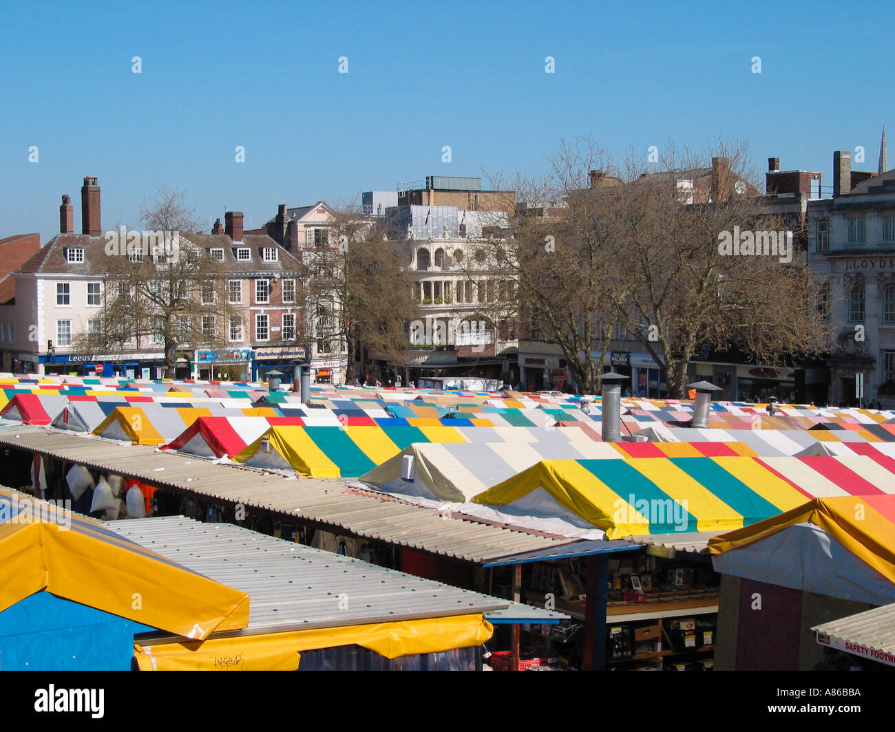 Overlooking the colourful market stall rooftops covering Norwich Market ...