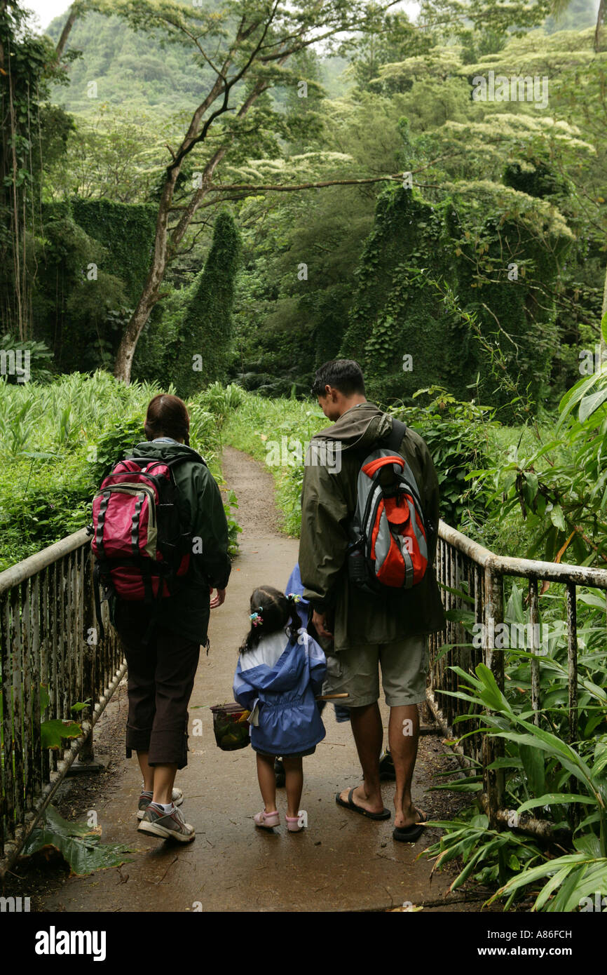 Rear view of family crossing a bridge Stock Photo - Alamy