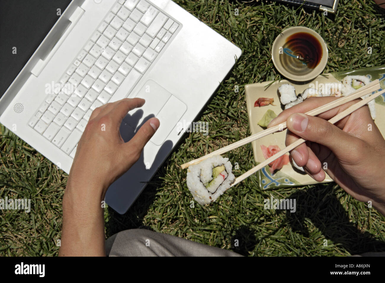 An executive is working on his laptop during lunch Stock Photo - Alamy