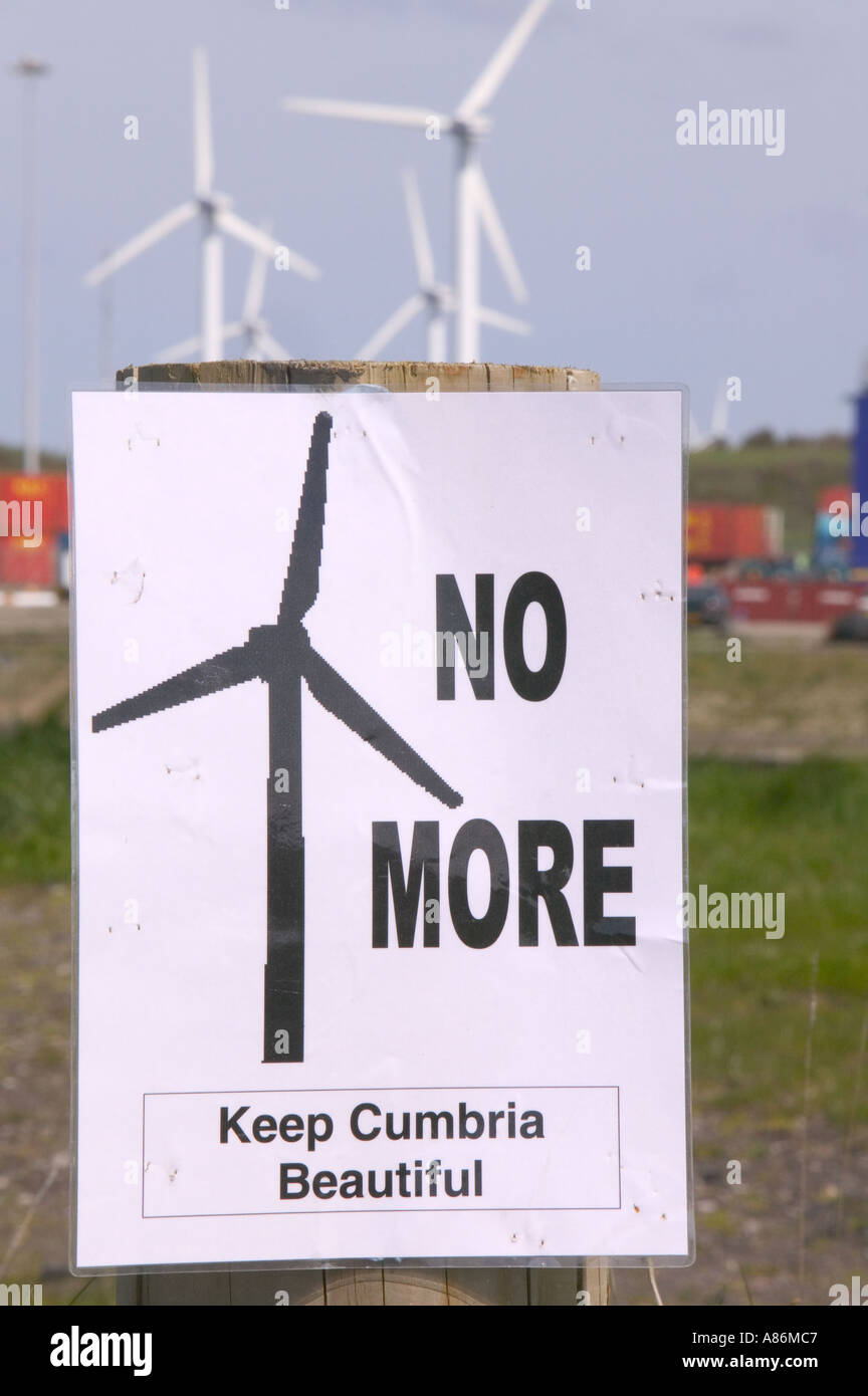 Anti windfarm protest sign in front of a windfarm in Workington Cumbria ...