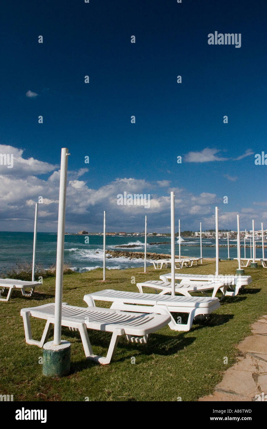 Sun beds ready for summer in Cyprus Stock Photo - Alamy