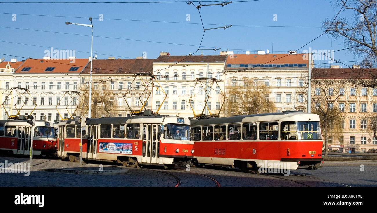 Red Trams in Prague city Stock Photo - Alamy