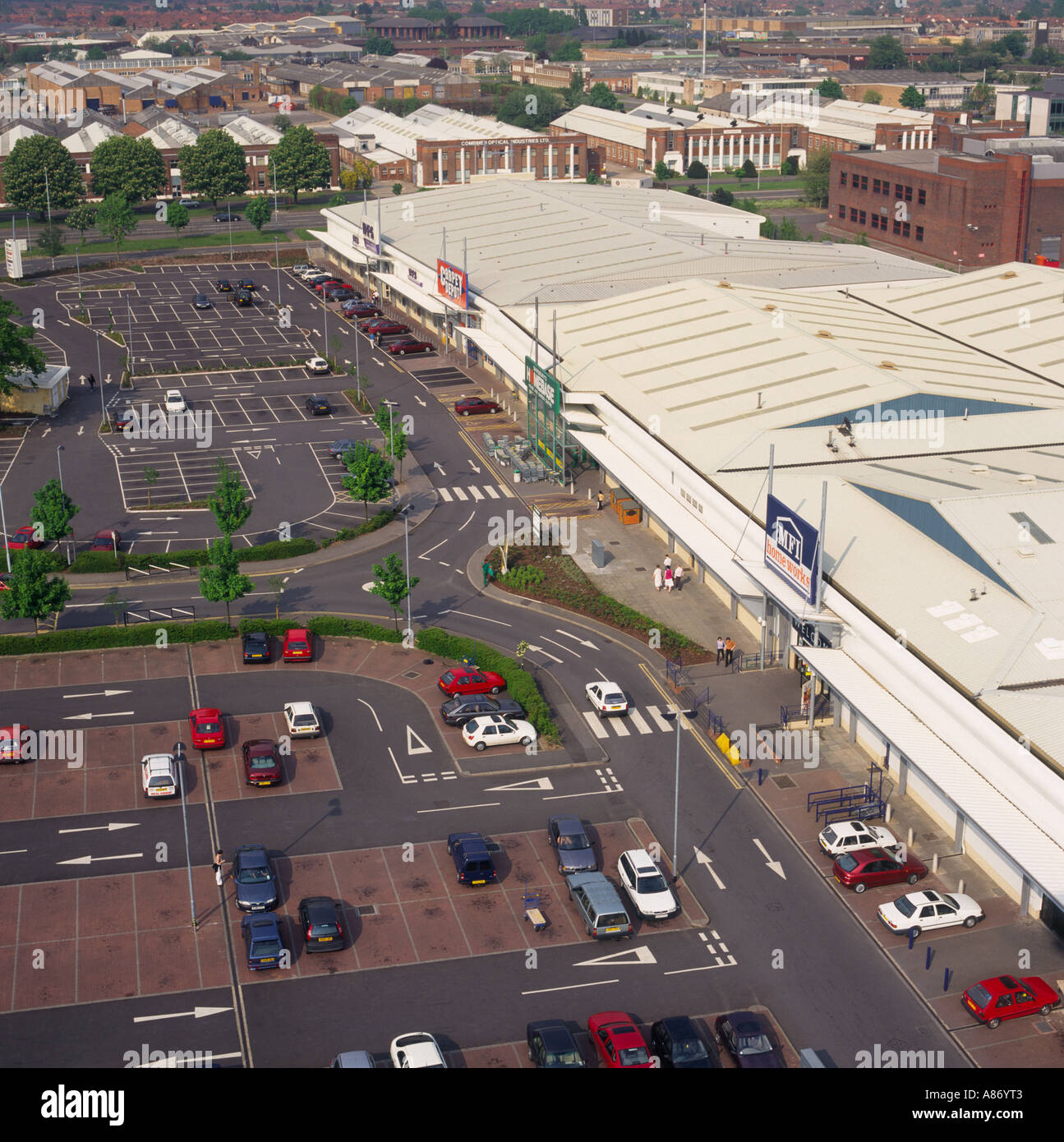 Retail shops and car park aerial view Stock Photo - Alamy