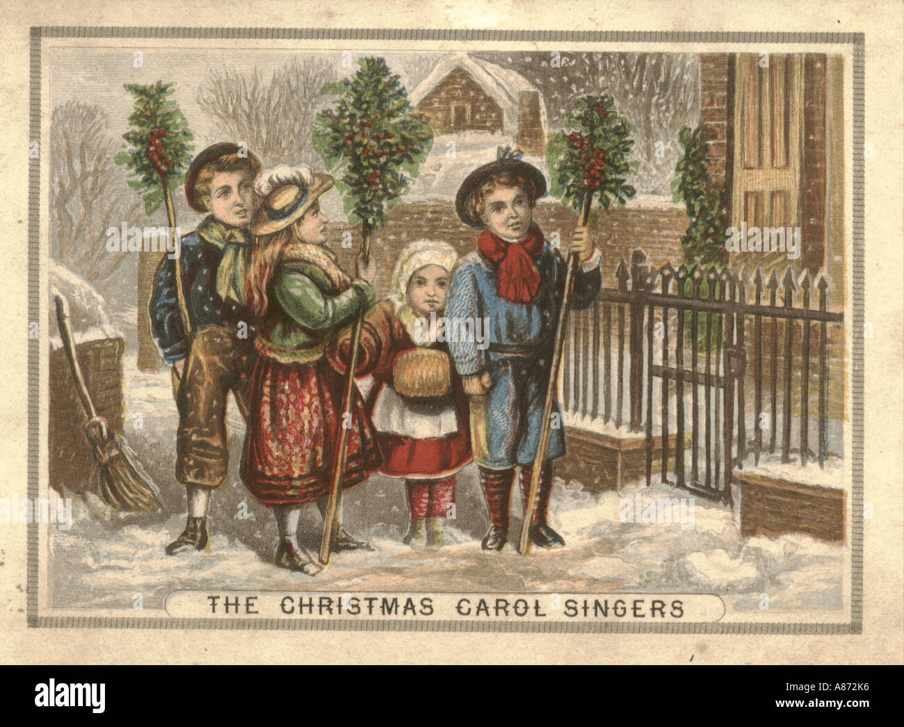 Christmas greeting card of carol singers circa 1870 Stock Photo - Alamy