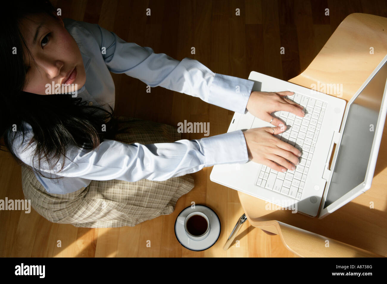 Young woman using laptop, elevated view Stock Photo - Alamy