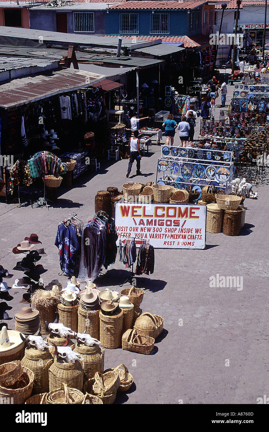 Aerial view of an open air market in alleyway near the border of ...