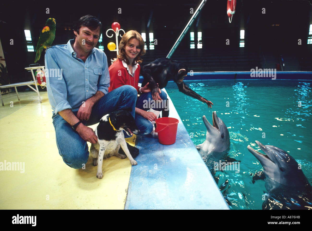 Germany Hansaland Dolphin trainer with his family at the dolphinarium ...