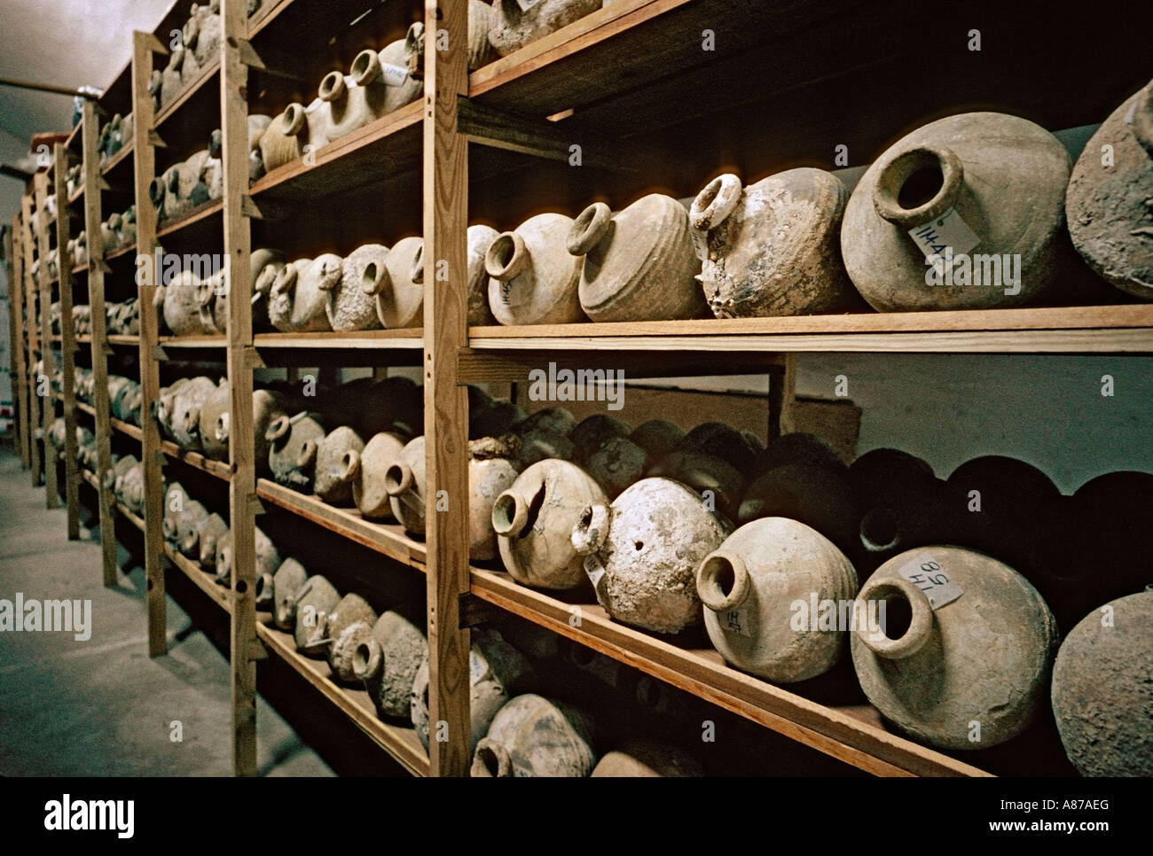 Assortment of Spanish olive jars stored at a repository in Santo ...