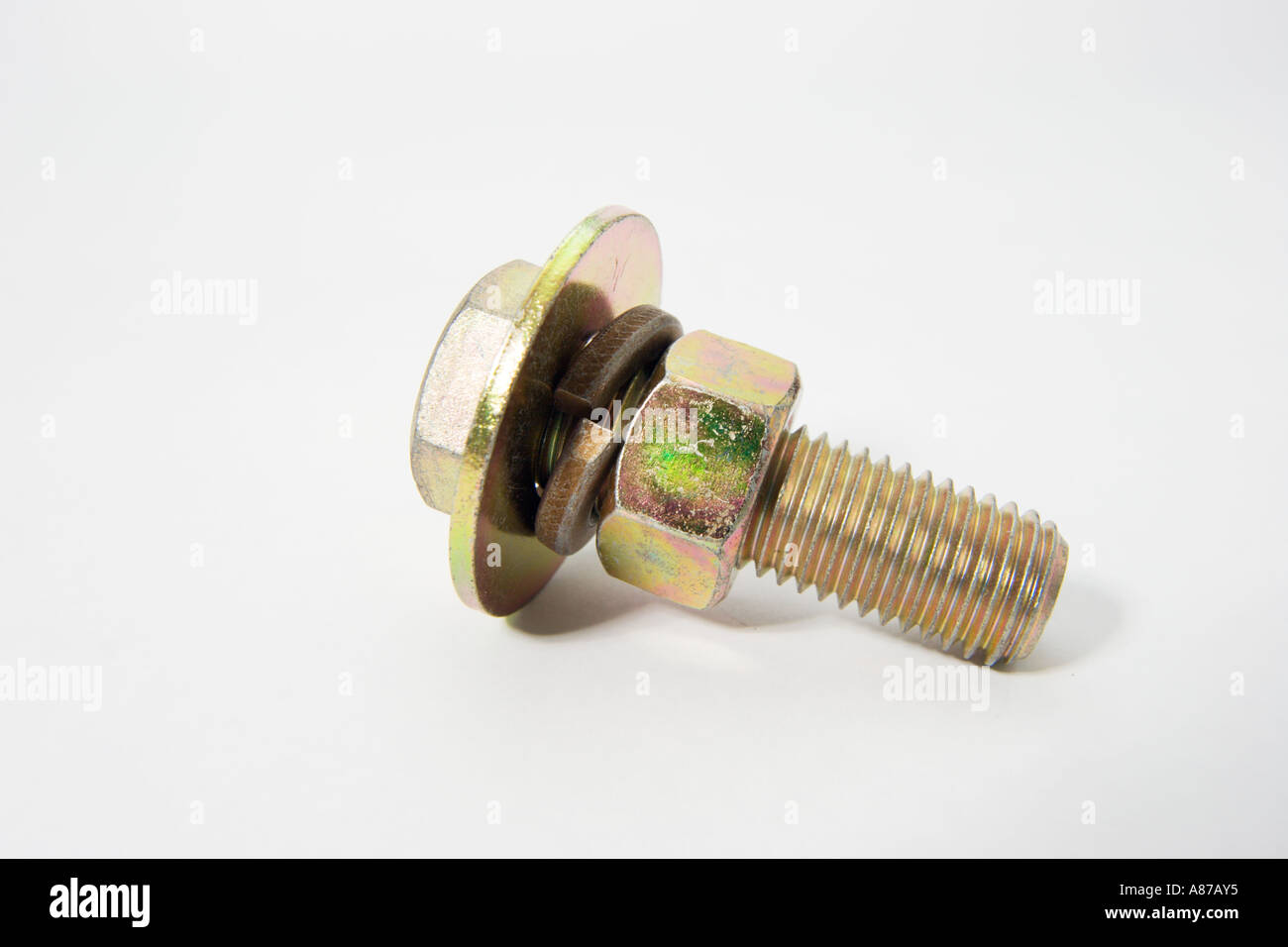 Plated nut bolt and washer set on white background Stock Photo - Alamy