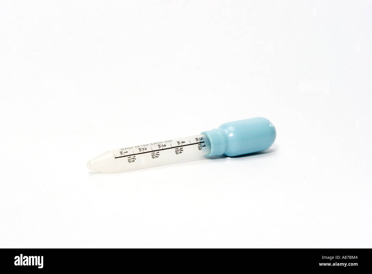 Close up of plastic medicine dropper with blue bulb on white background ...