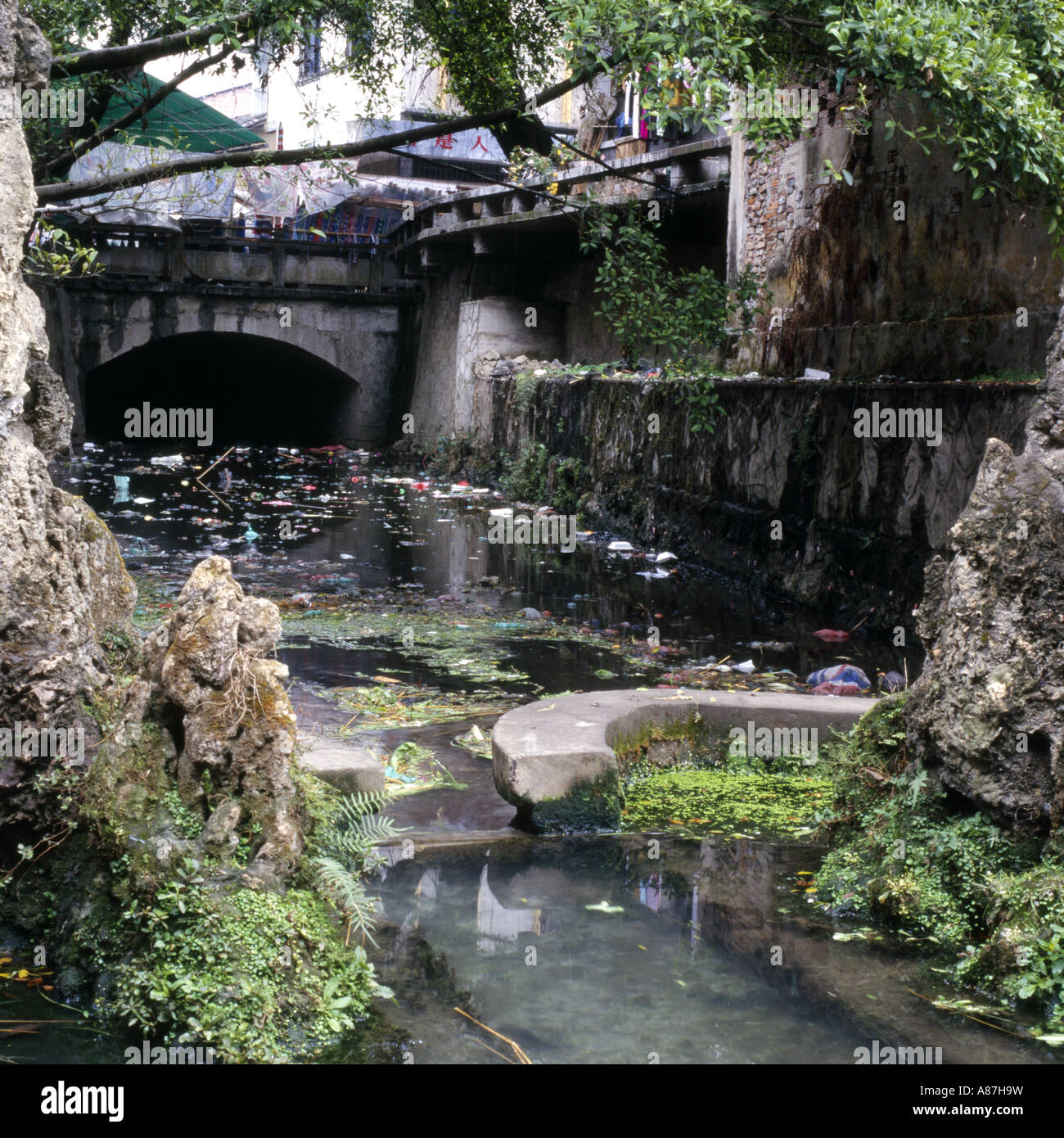 Litter and garbage pollute a waterway,Yangshuo,Guangxi province,China ...