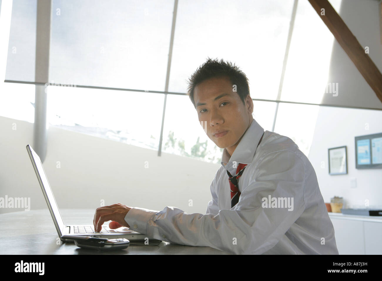 Young man using a laptop computer Stock Photo - Alamy