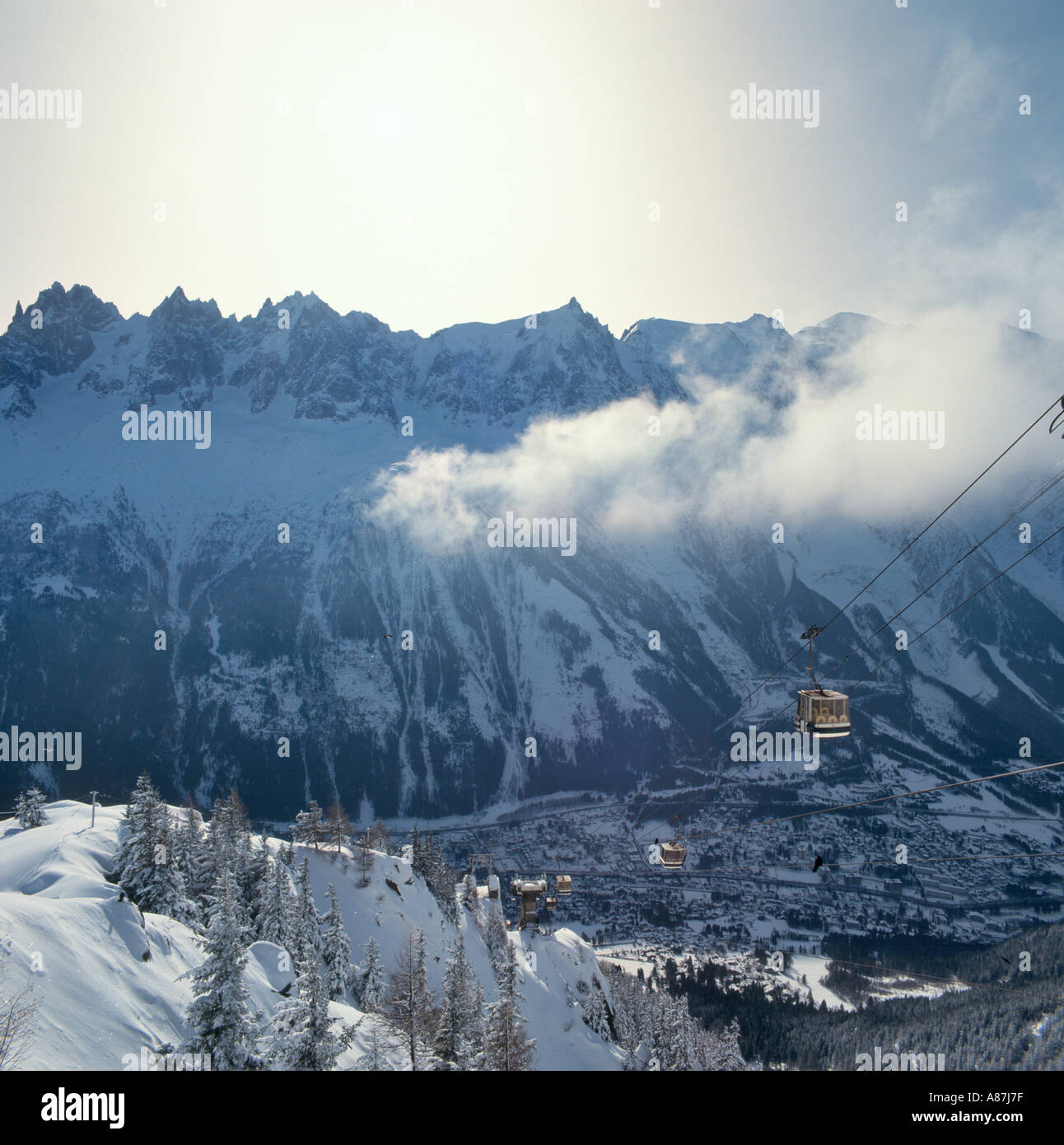 View over the resort from Le Brevent ski area, Chamonix Mont Blanc ...