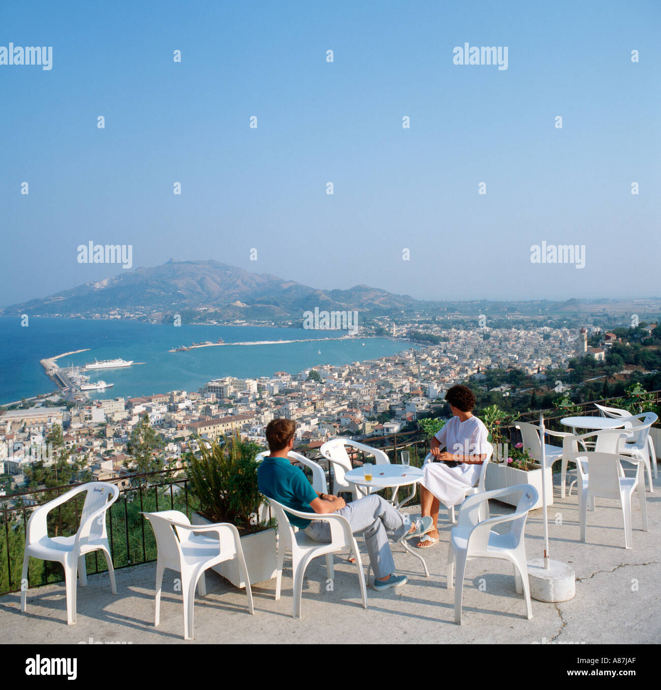Cafe with panoramic view over the harbour, Bochali, Zakynthos Town ...