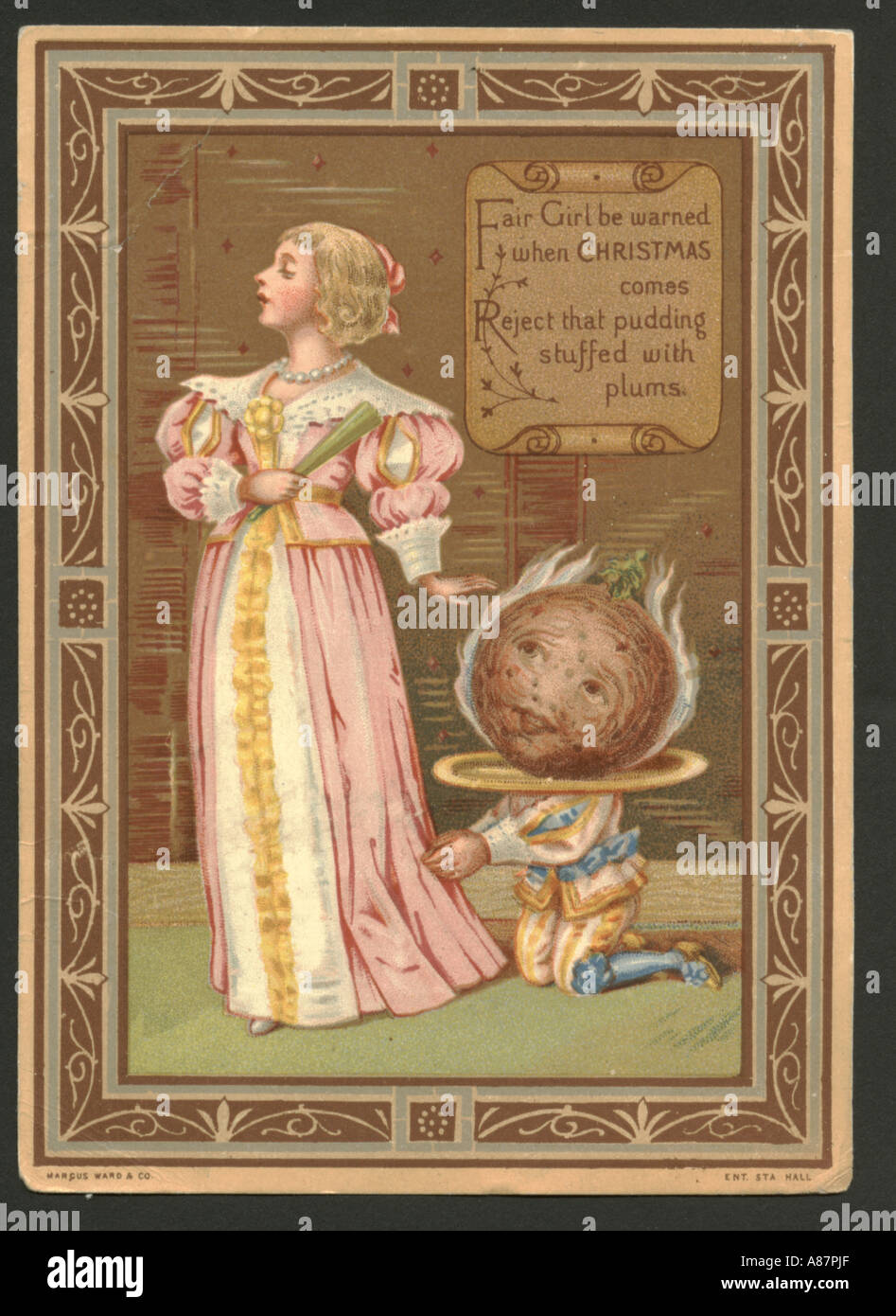 Plum pudding, anthropomorphic Christmas greeting card circa 1875 Stock ...