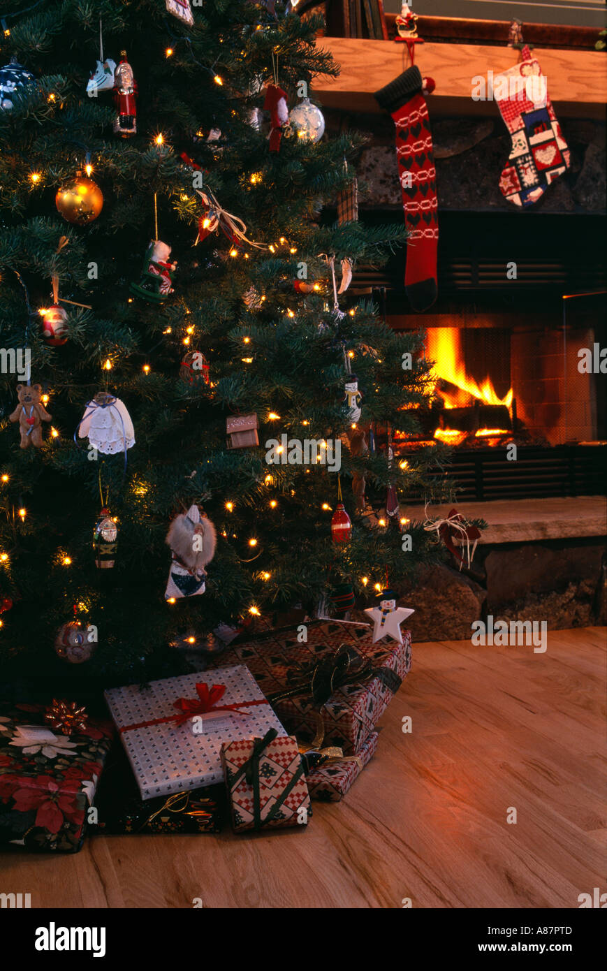 Christmas tree with gifts and fireplace Property released Stock Photo ...