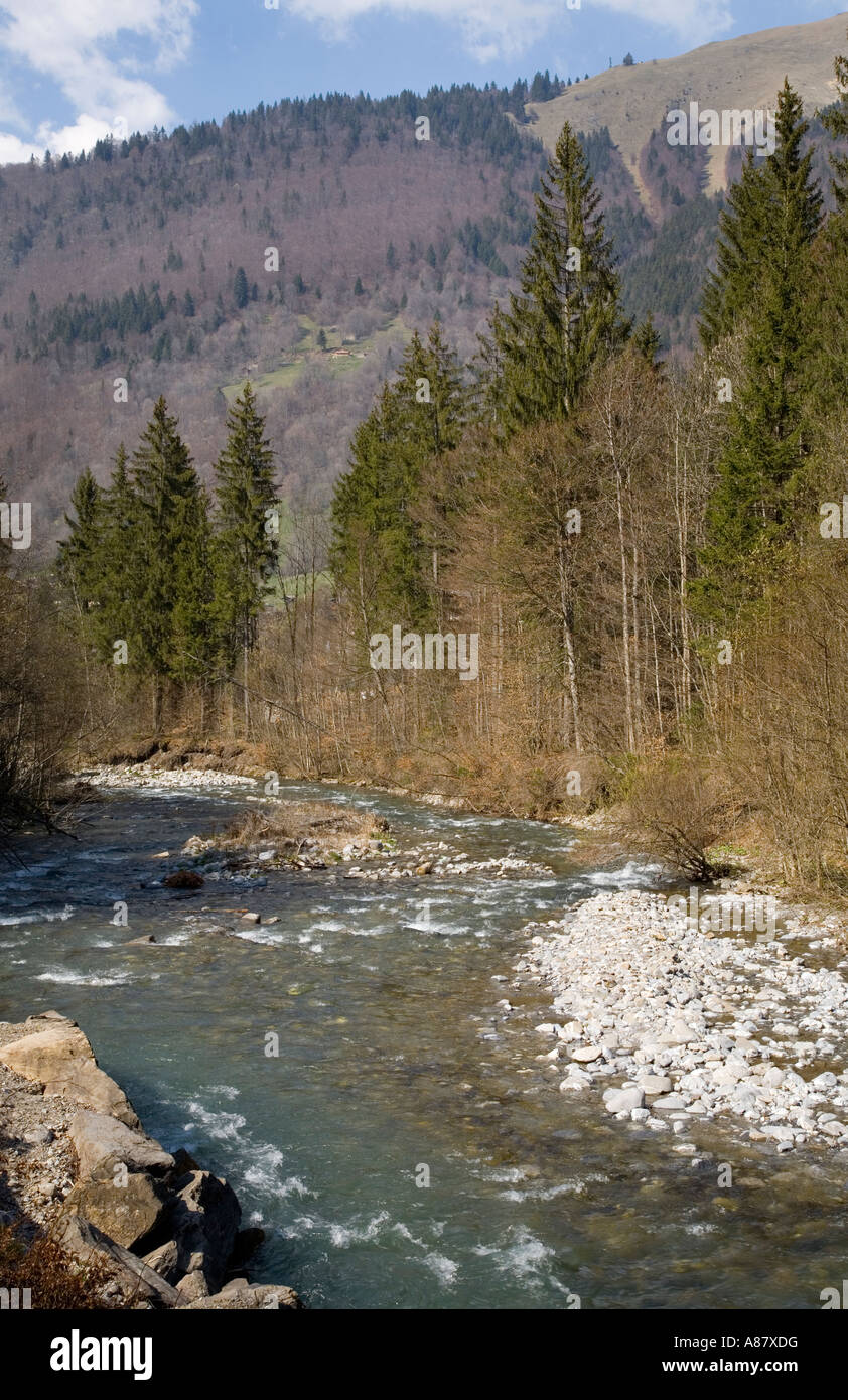 The River Dranse, swollen by fast melting snow, flows quickly through ...