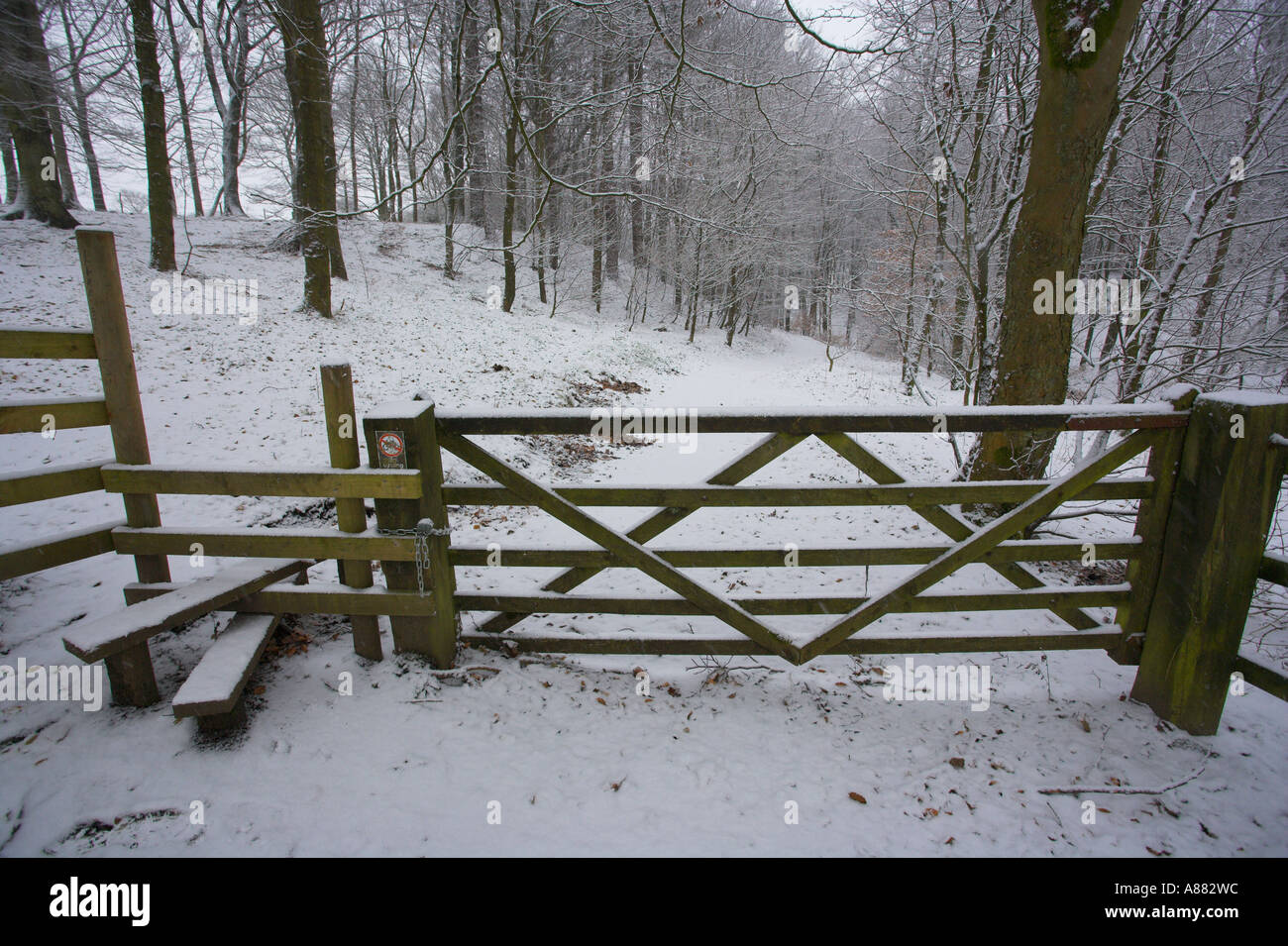 Roddlesworth wood five barred gate and path winter during snowfall ...