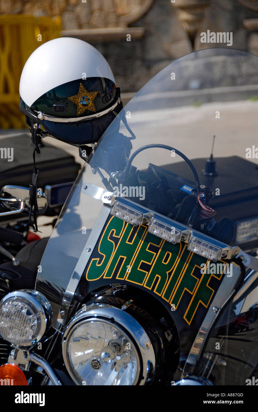 sheriff police motorcycles are parked and lined up ready for emergency ...