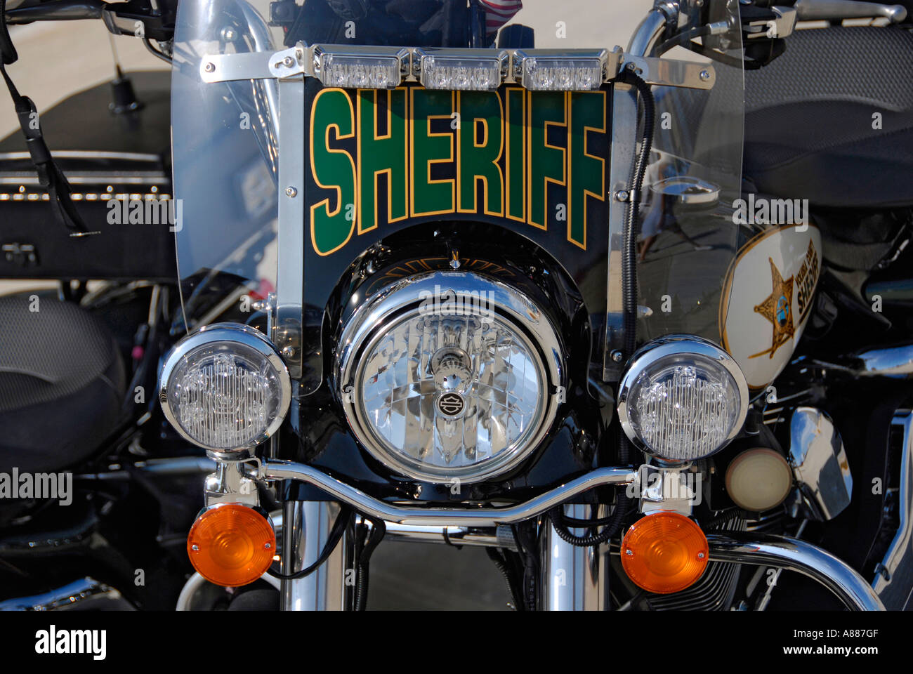sheriff police motorcycles are parked and lined up ready for emergency ...