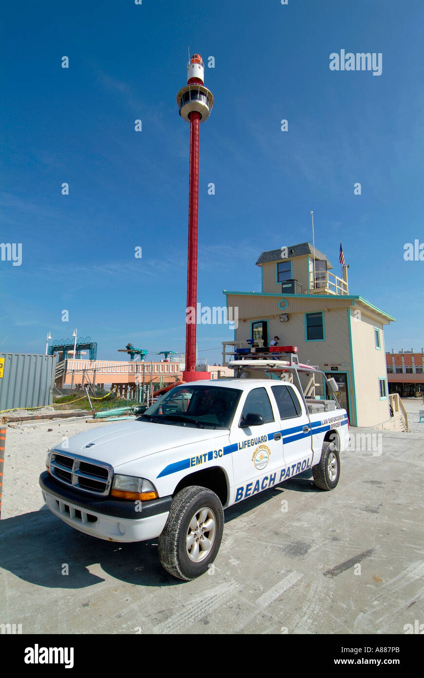 Beach Patrol and law enforcement vehicles and headquarters provide ...
