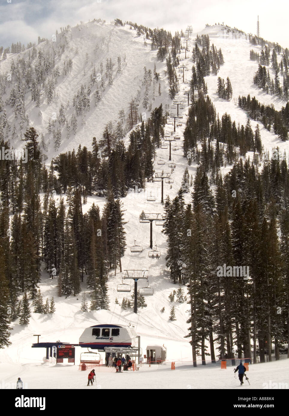 One of the 6 person ski lifts at Mt Rose Ski Area in the Sierras near ...