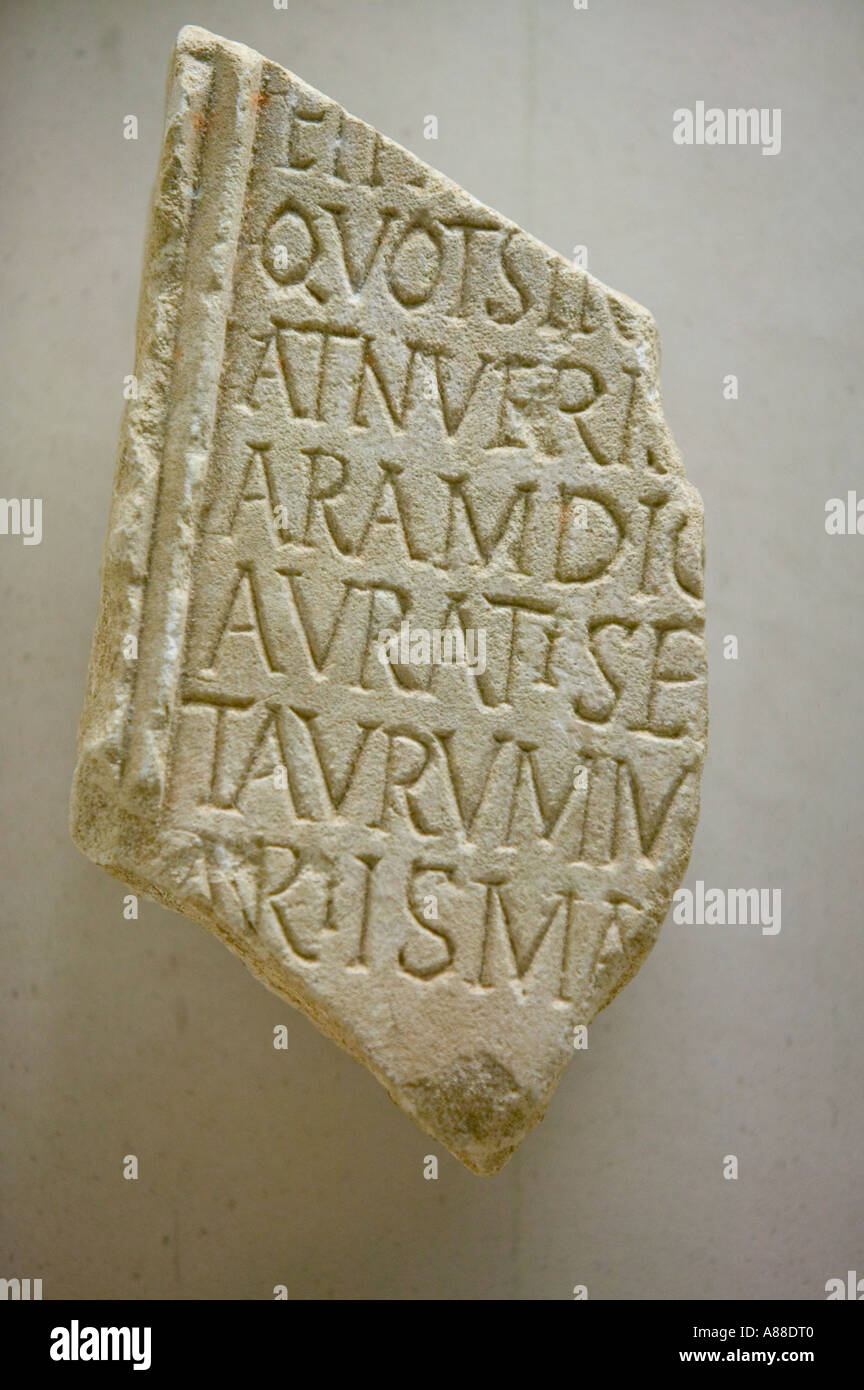 a Roman tablet with latin writing on at Conimbriga museum, near coimbra ...