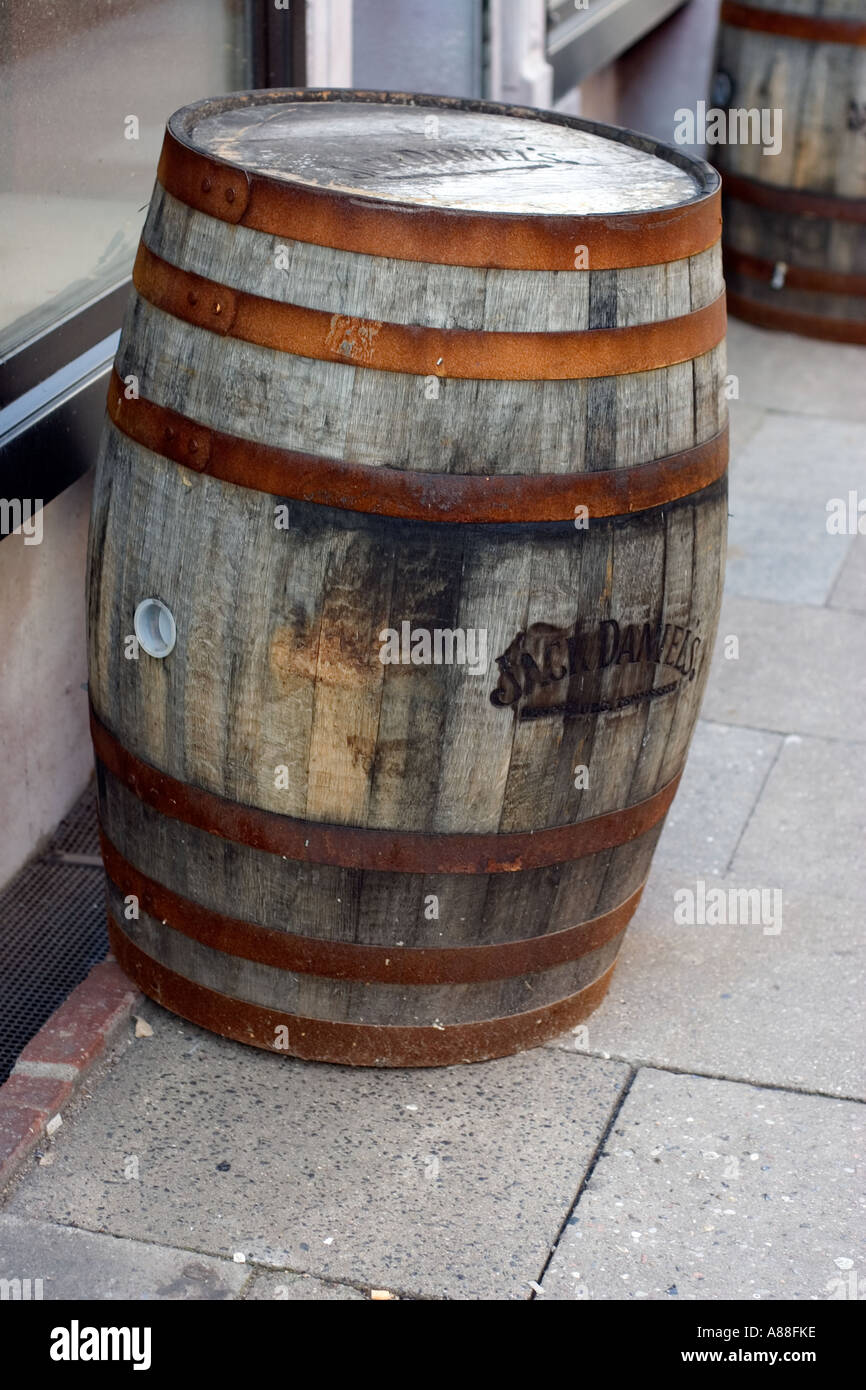 Wooden barrel is seen on a street in front of a restaurant in Hamburg ...