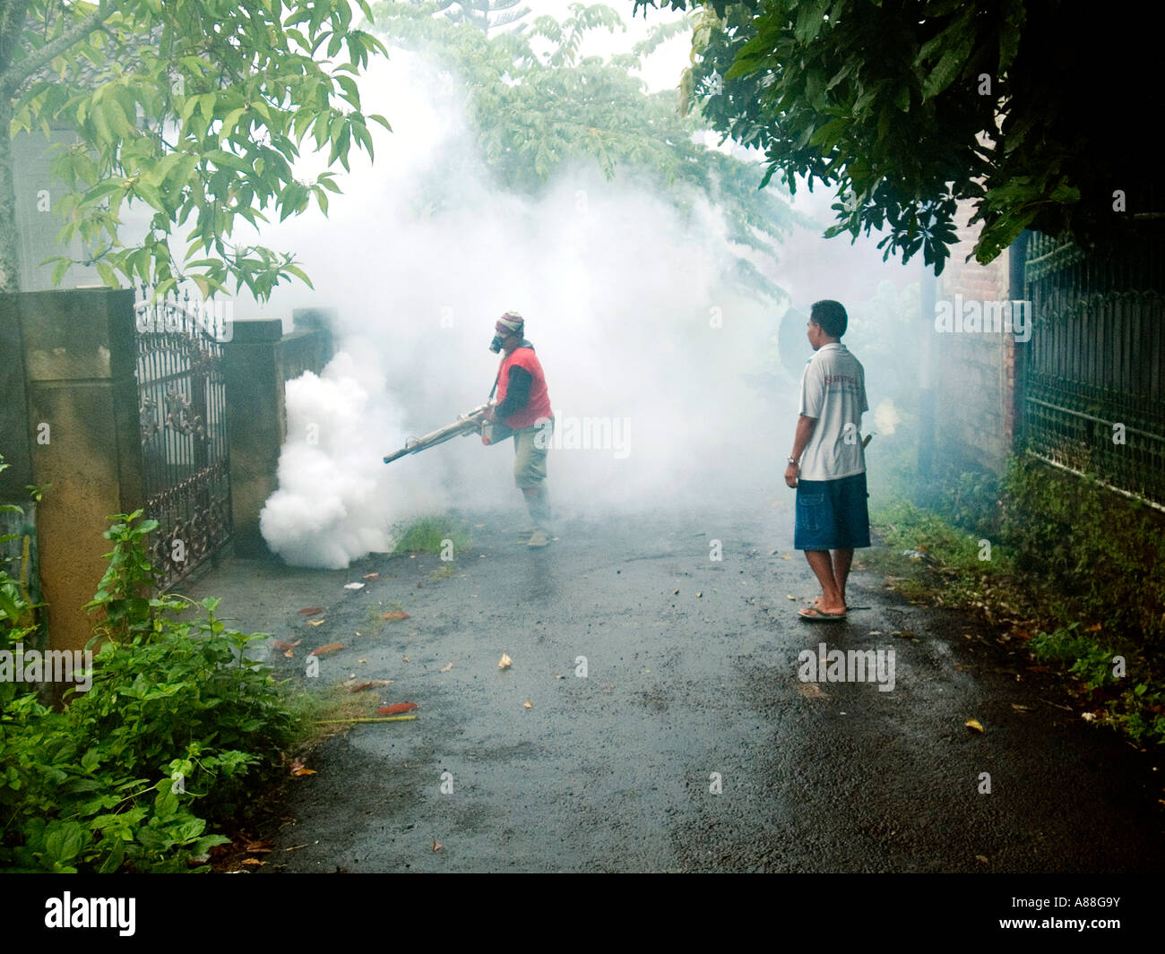 fogging in a small village to eradicate mosquitoes near denpasar bali ...