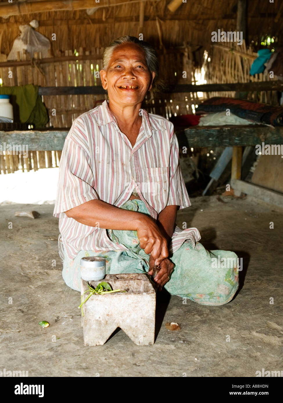 Smiling elderly local woman mixing betel juice in her traditional rural ...
