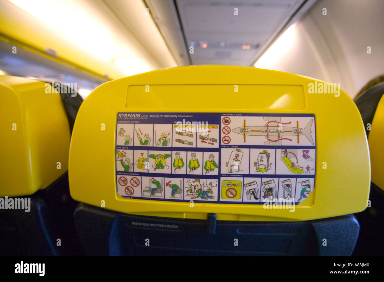 safety information on a Ryanair, Boeing 737-500 passenger Jet Stock ...