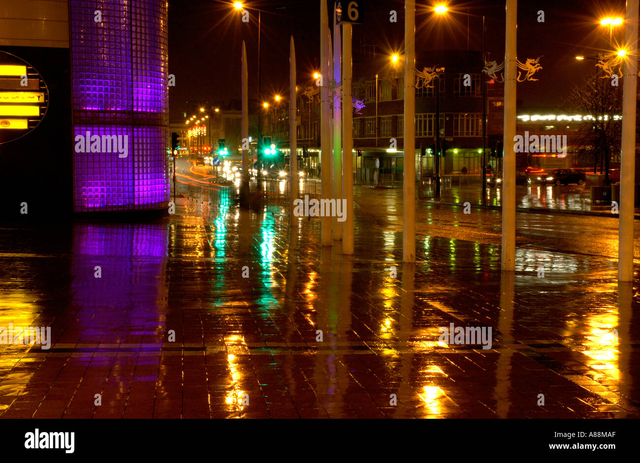 Buildings Reflecting on Wet Streets Wood Street Cardiff City South ...