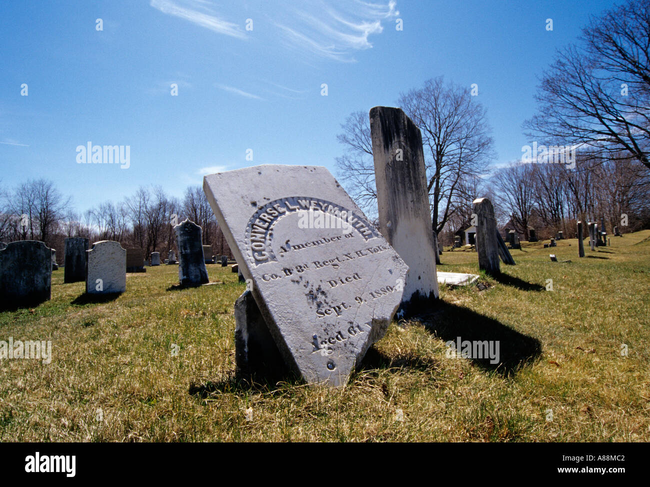 Broken Headstone at Chester Village Cemetery located in a New England ...