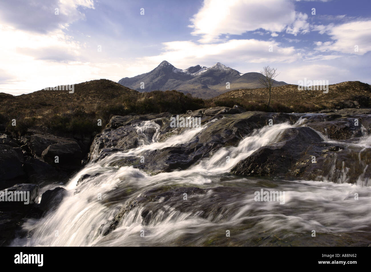Skye Cuillins from Sligachan waterfall on the Allt Dearg Mor burn Stock ...