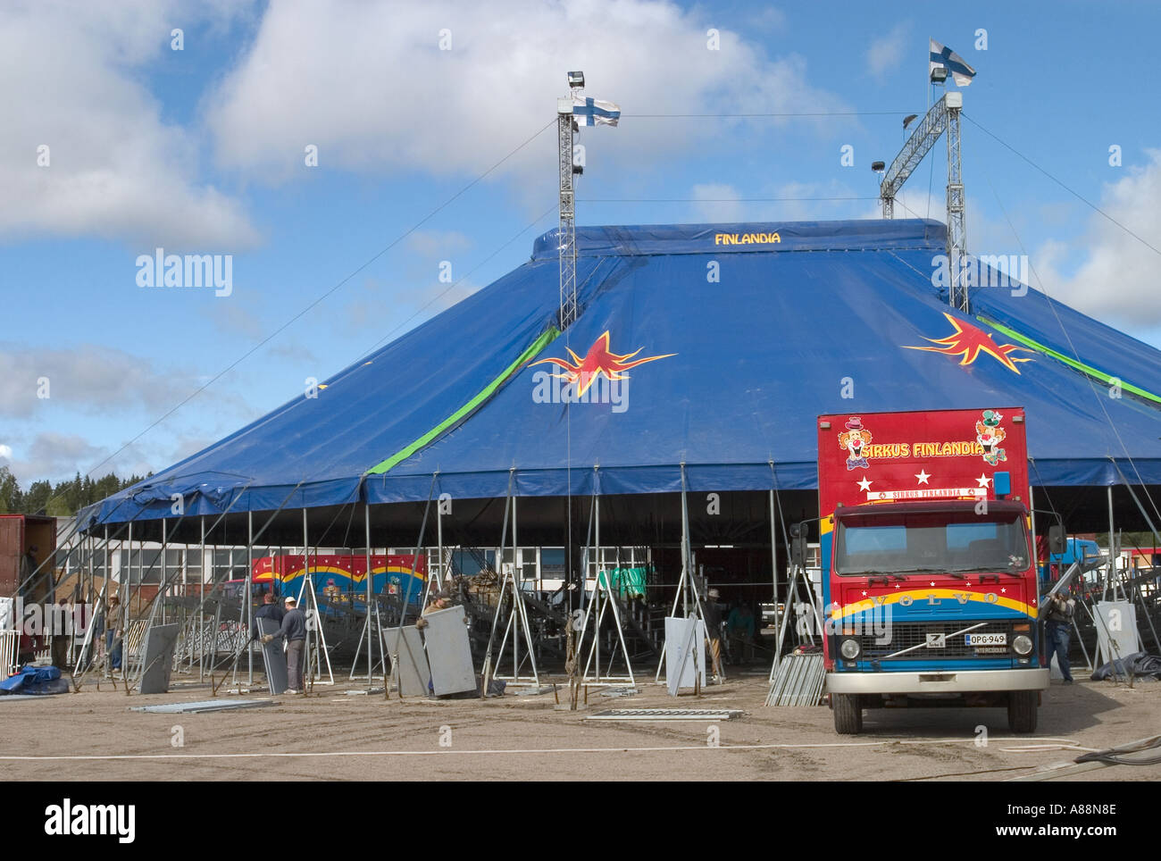 Setting up the circus arena for traveling circus Finlandia , Finland ...