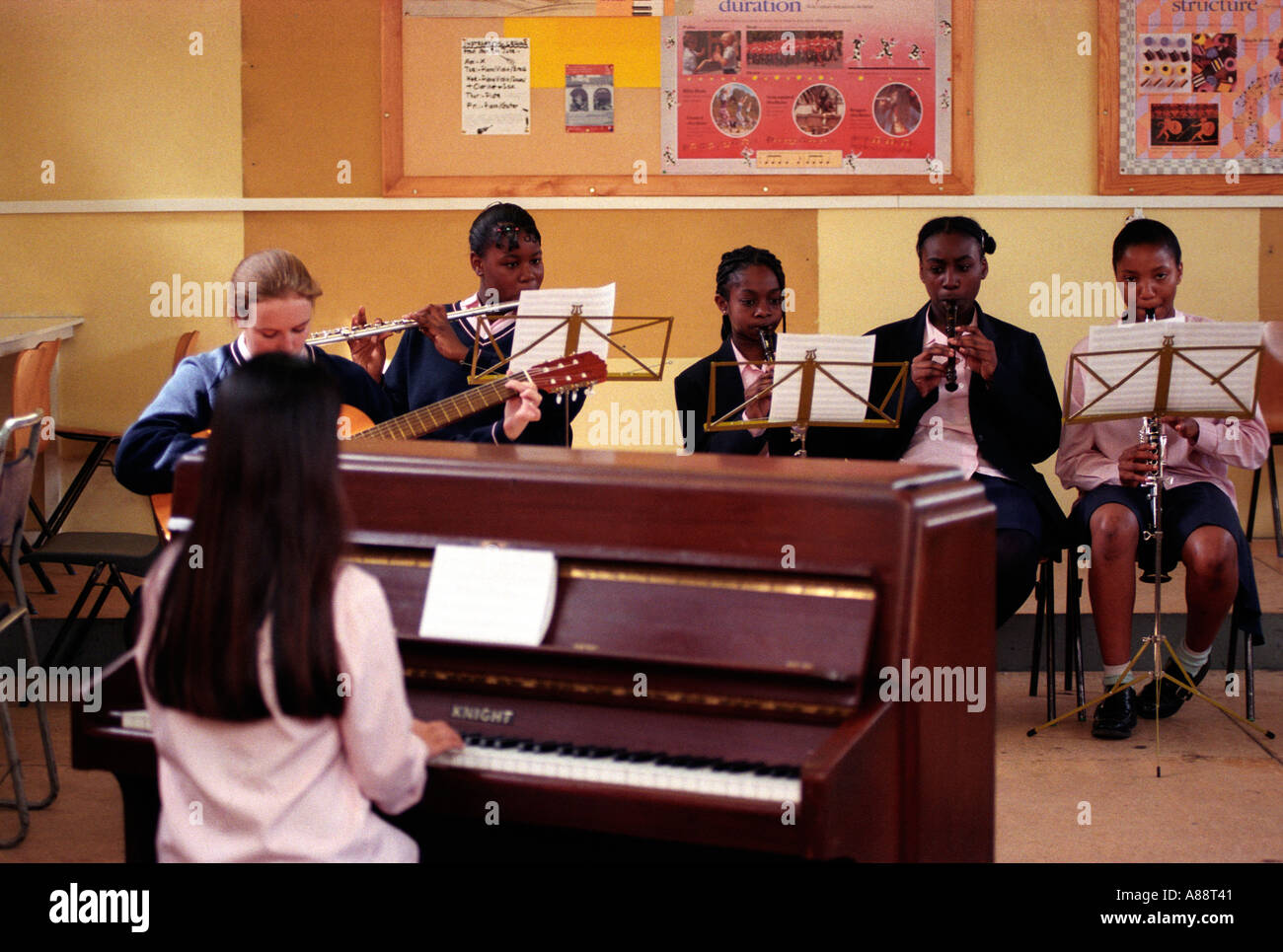 Secondary school pupils in ensemble music class, Southwark, south ...