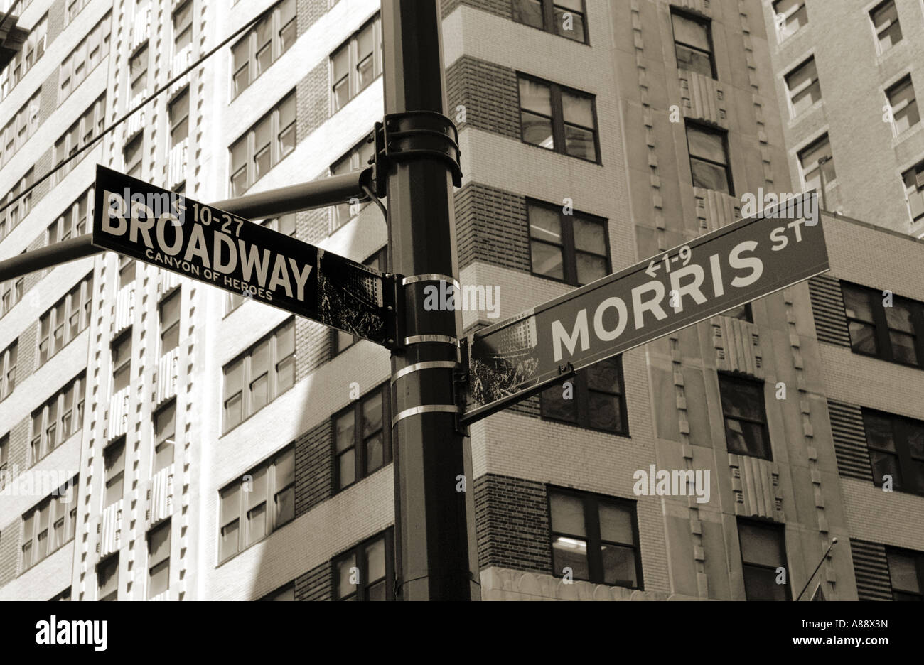 Street sign at the corner of Broadway and Morris, Manhatton, New York ...