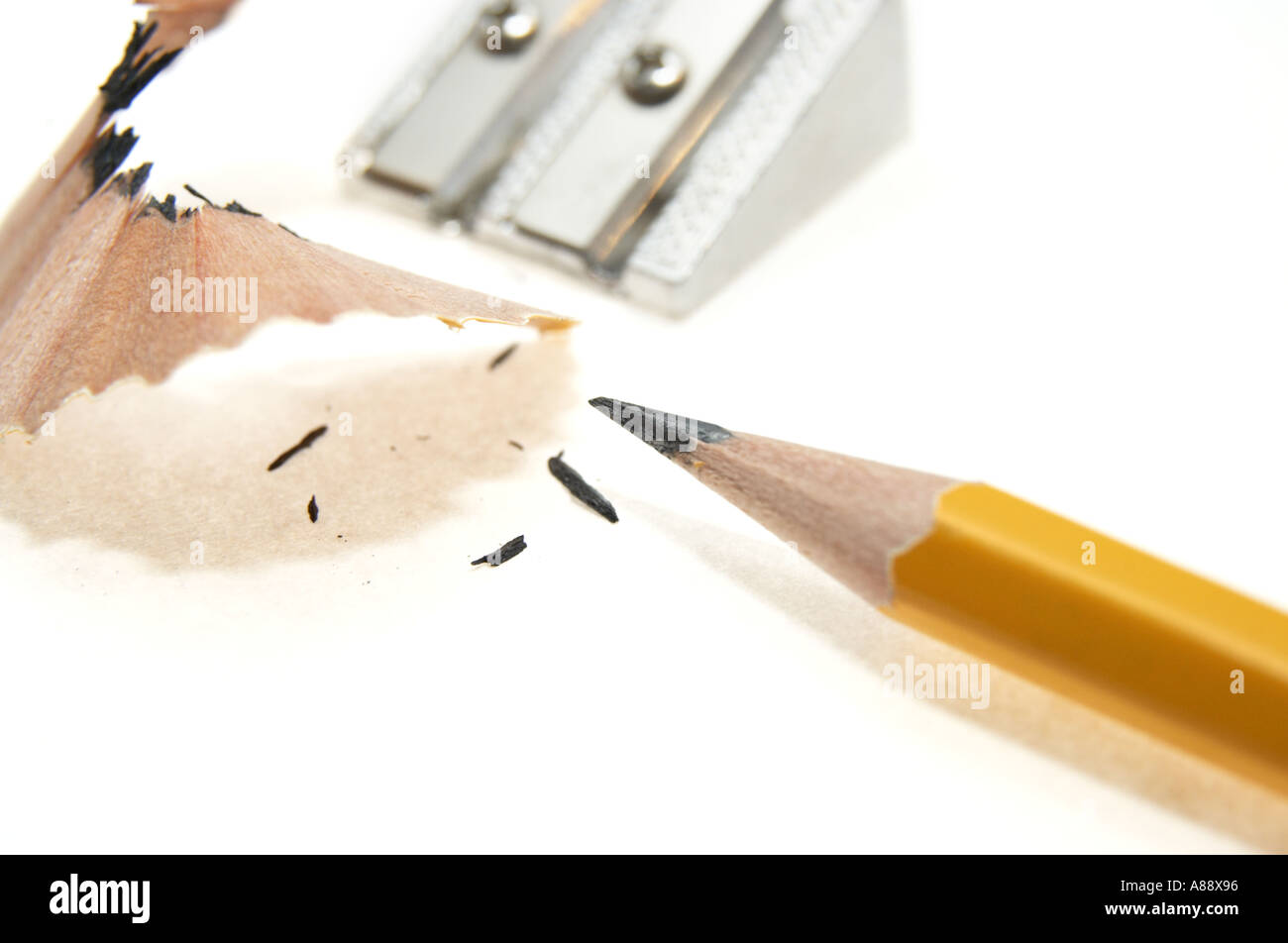 Pencil and sharpener with shavings Stock Photo - Alamy