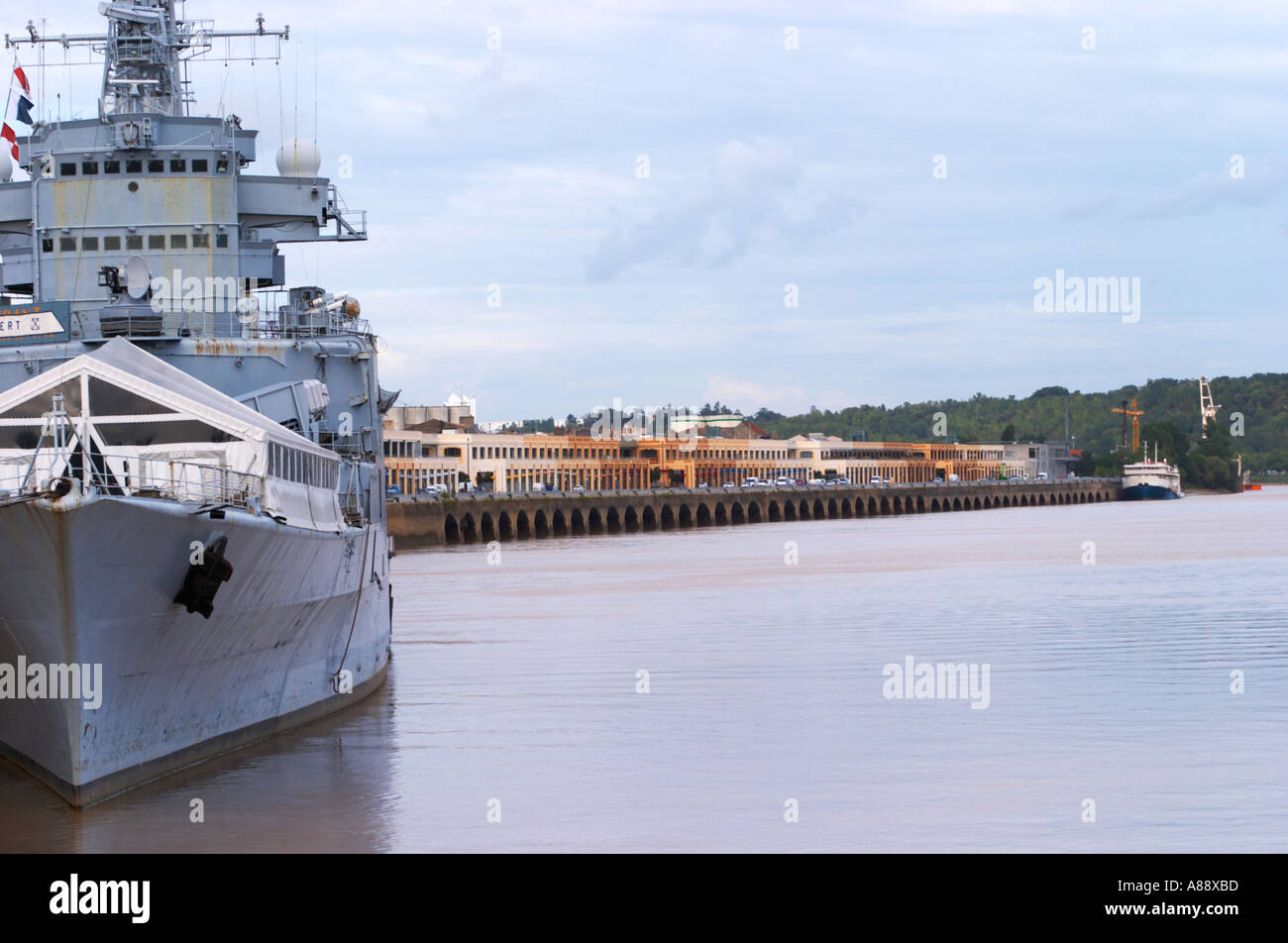 The Gironde river in Bordeaux and the war ship Le Colbert and the old ...