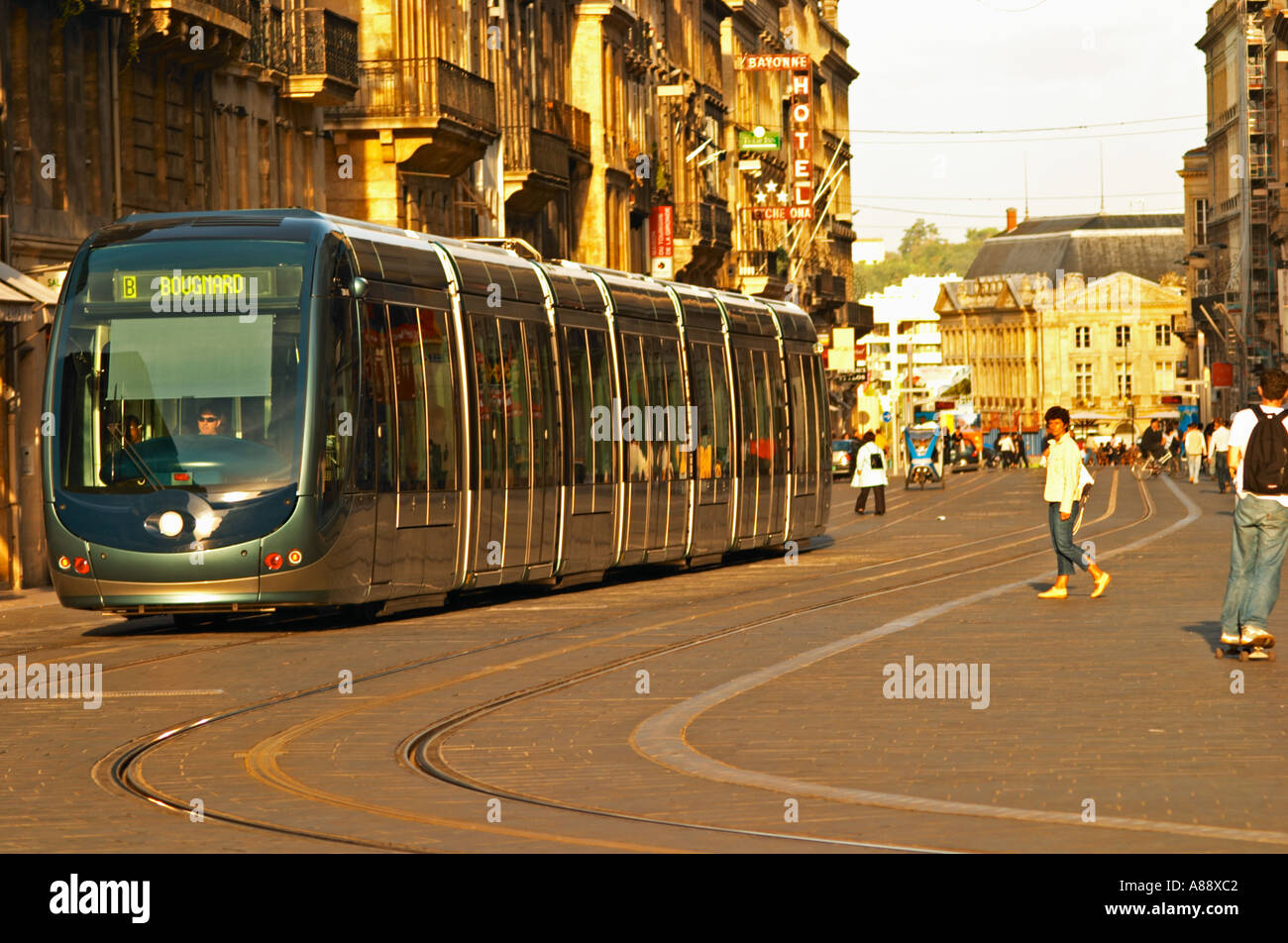The new modern tram on the posh shopping street Cours de l'Intendence ...