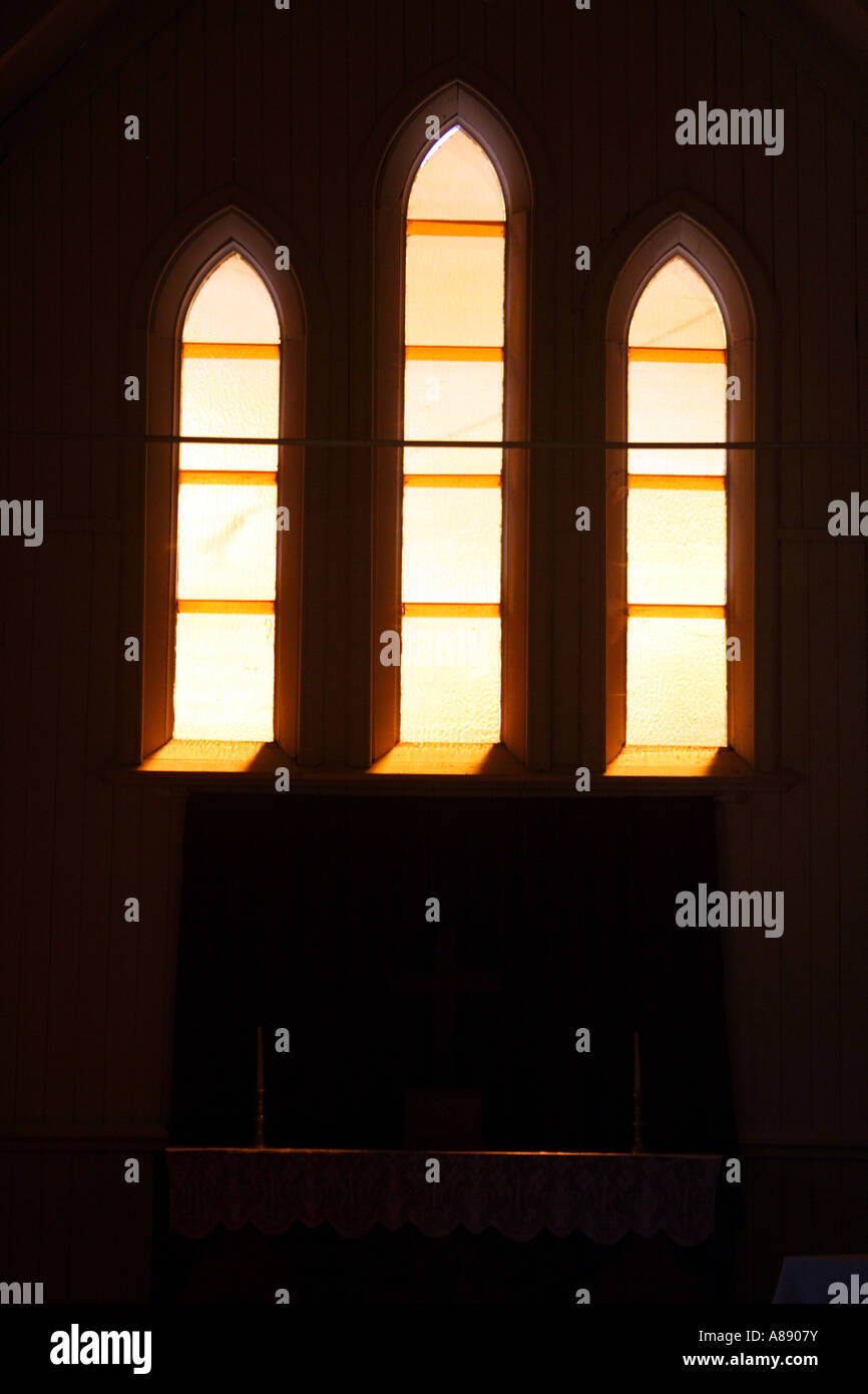 INSIDE AN OLD CHURCH WITH STAINED WINDOWS BDA10571 Stock Photo - Alamy
