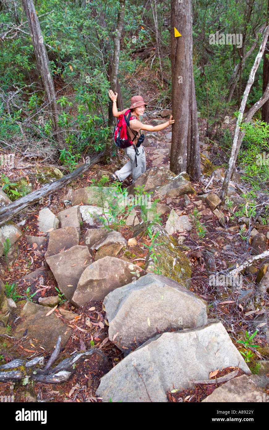 Woman hiking down a set of stone steps in the Australian bush. Douglas ...