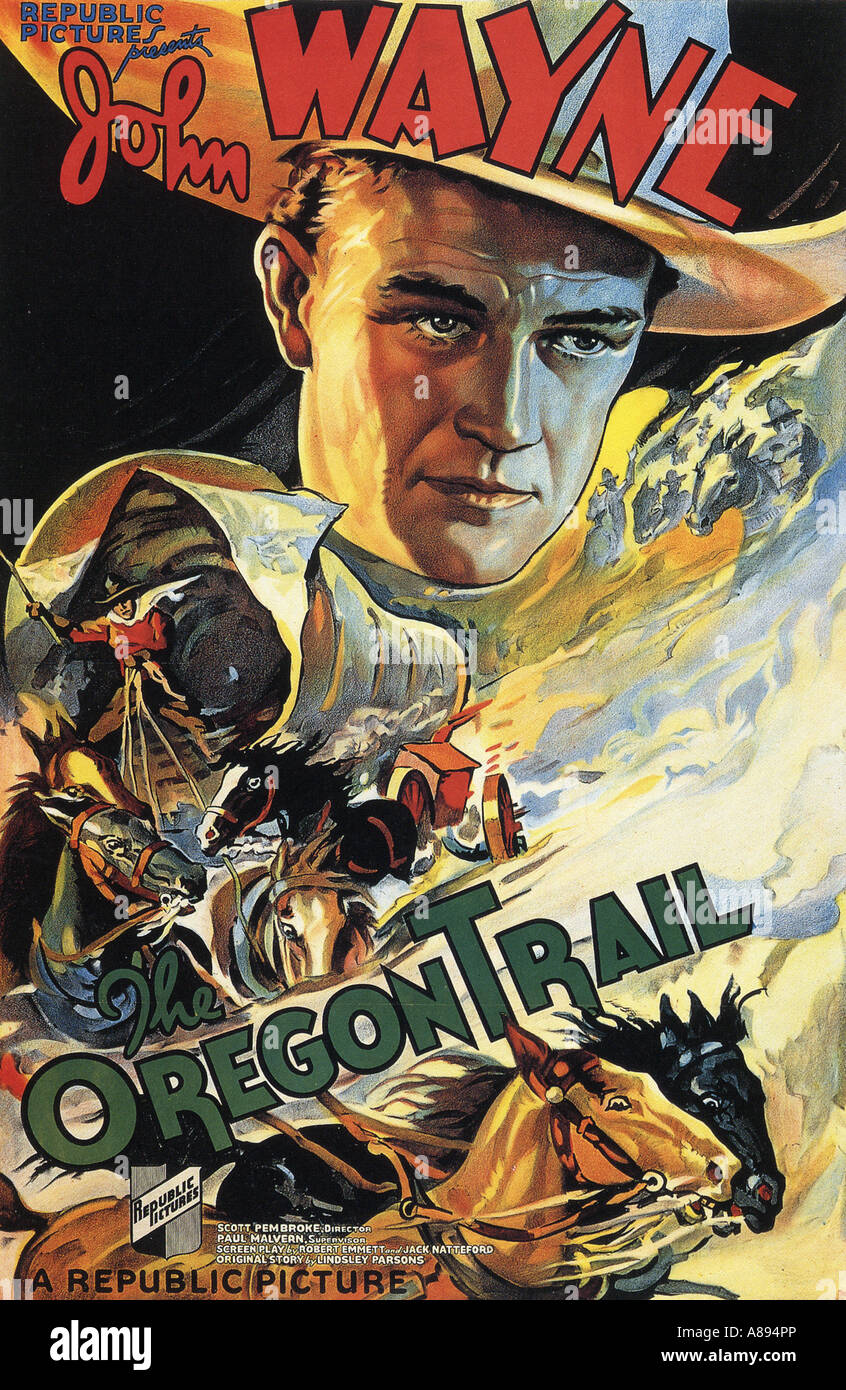 OREGON TRAIL poster for 1936 Republic film with John Wayne Stock Photo ...