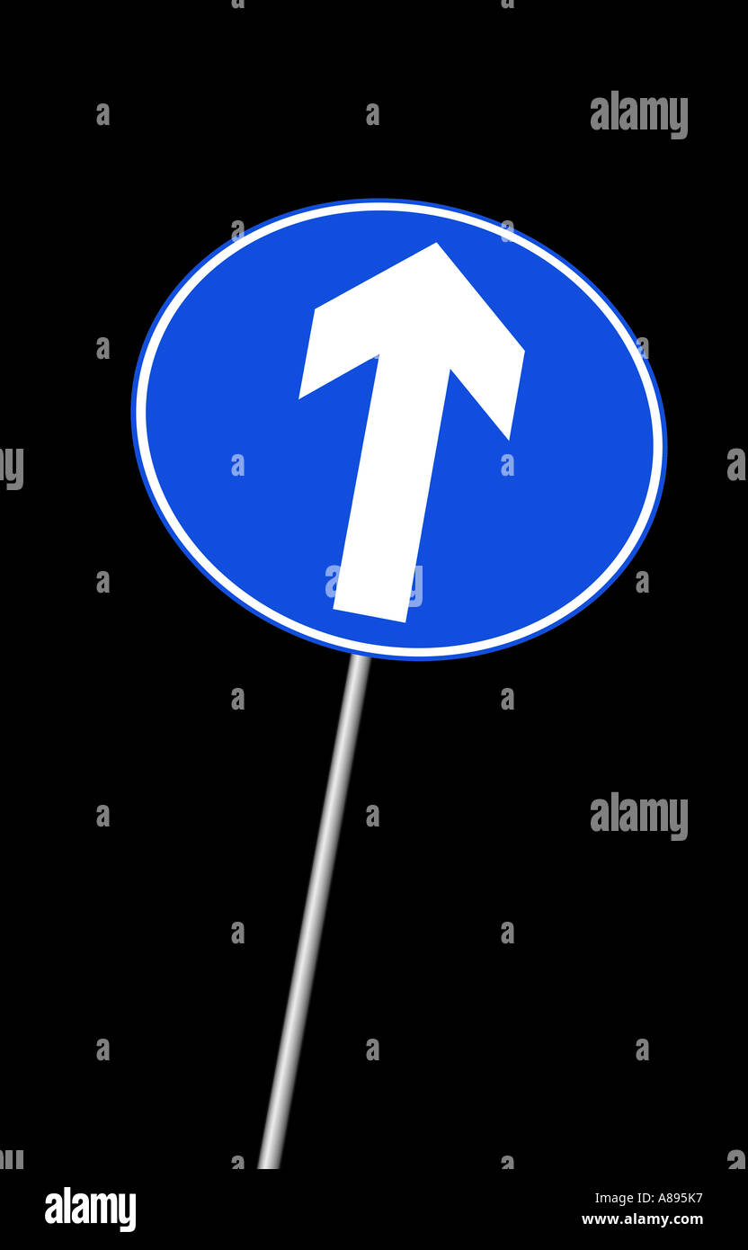 One way traffic road sign with pole on black background Stock Photo - Alamy