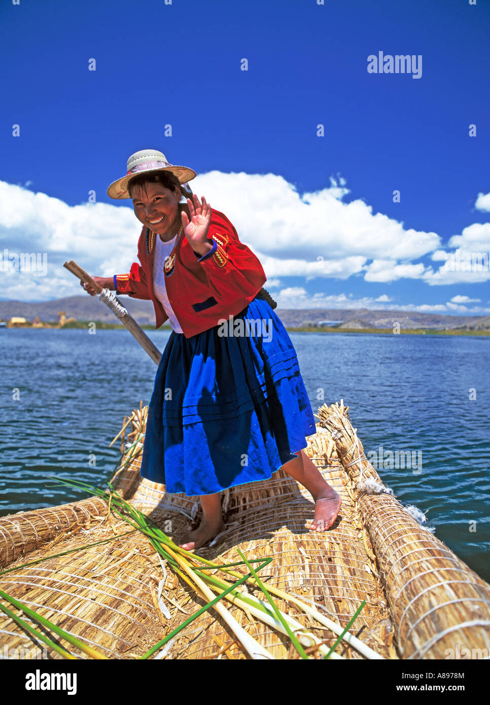 peru, peruvian south american indian woman in colorful dress waving at ...