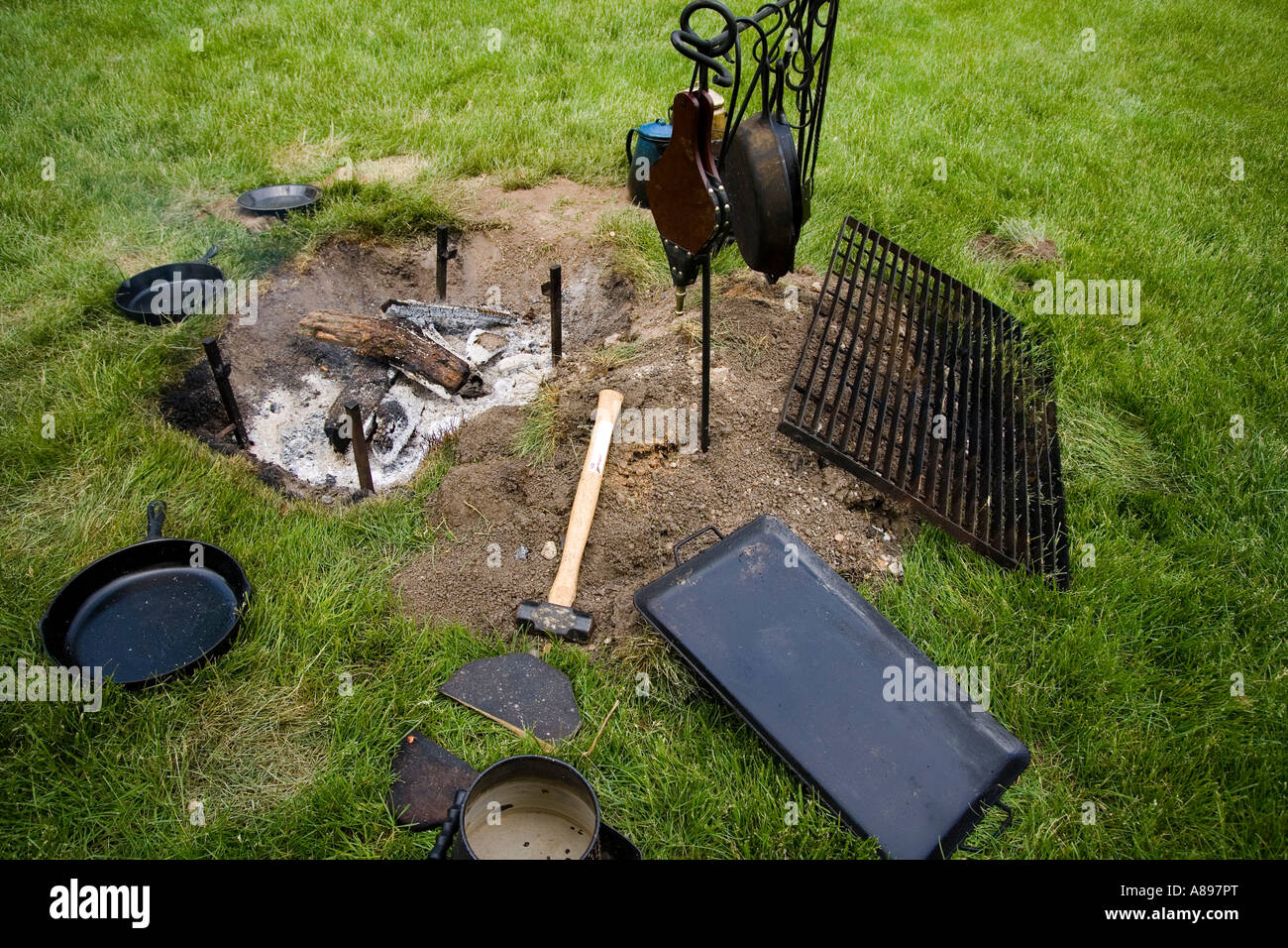 iron pots and pans around a campfire from Naper Village settlement ...